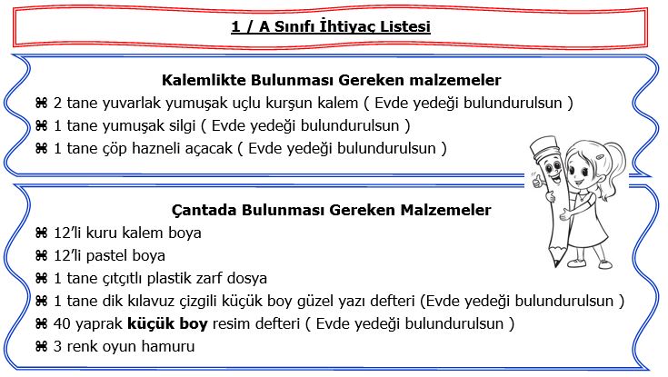 1. Sınıf İhtiyaç Listesi | Meb Ders