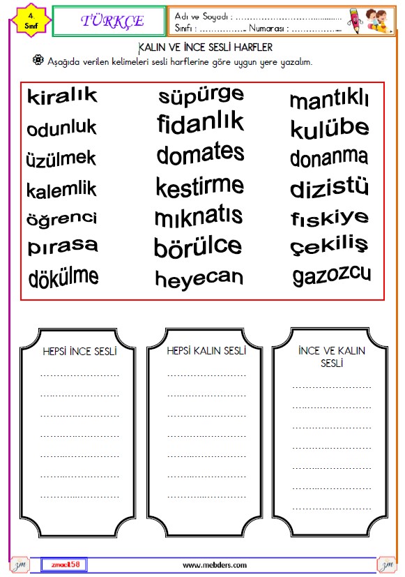 4. Sınıf Türkçe Kalın ve İnce Sesli Harfler Etkinliği | Meb Ders